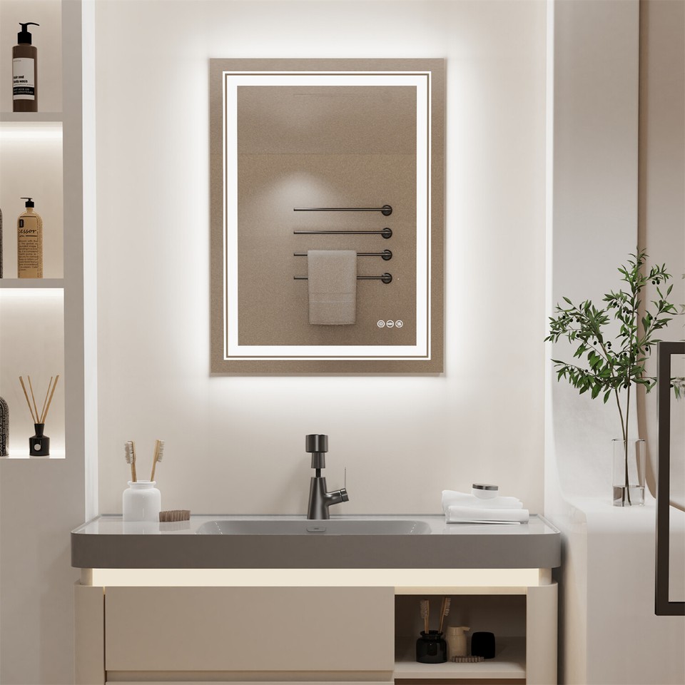 Rectangle LED Bathroom Mirror Front &Back Lights Wall Mounted Anti-fog ...
