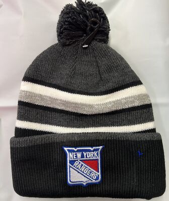 New York RANGERS LINED winter hat black and GRAY pom pom cuffed Beanie ...