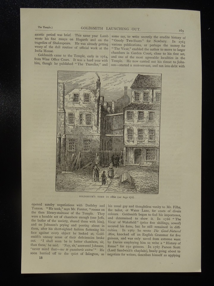 London OLIVER GOLDSMITH'S TOMB IN 1860 Original Victorian Print 1878 | eBay