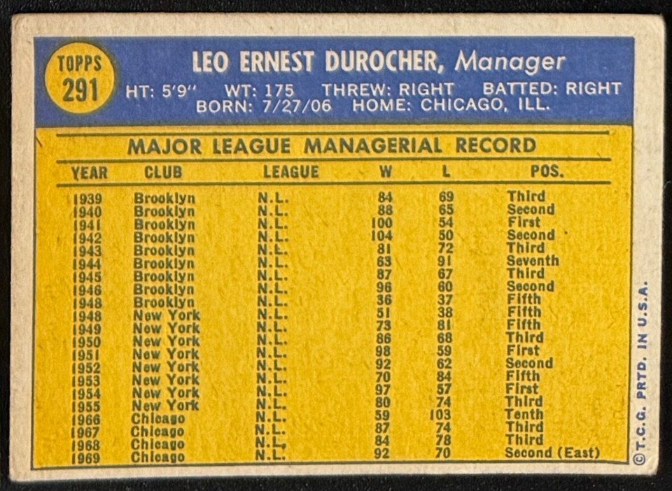 1970 Topps, Leo Durocher, #291, Chicago Cubs, Hall of Fame, VG+/EXC, FS ...