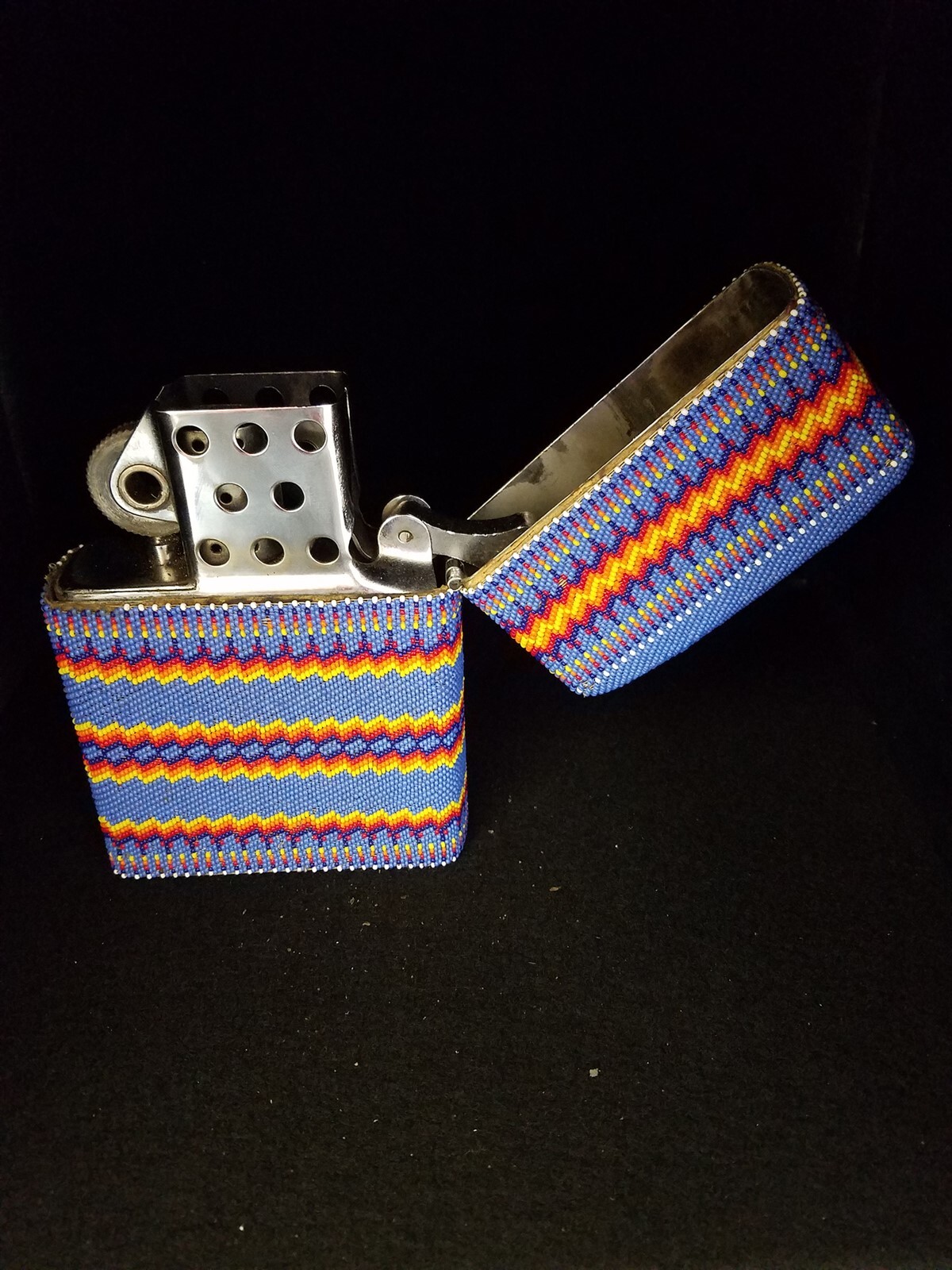 NICE HUGE 6 3/4" TALL BLUE FULLY BEADED NATIVE AMERICAN INDIAN ZIPPO ...