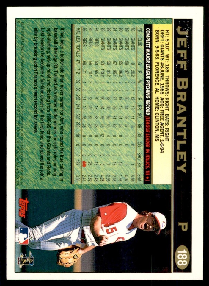 1997 Topps Jeff Brantley Baseball Card Cincinnati Reds #188 | eBay