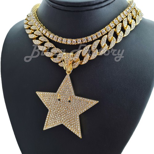 Hip Hop Iced Large Mario Star & 18" Iced Cuban & 1 Row Chain Bling ...