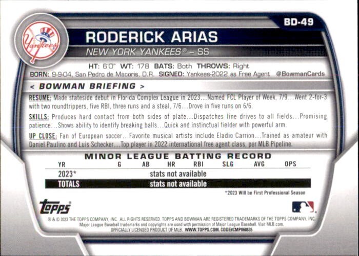 LOT OF 20 2023 BOWMAN DRAFT BASE PAPER PROSPECT BD49 RODERICK ARIAS ...