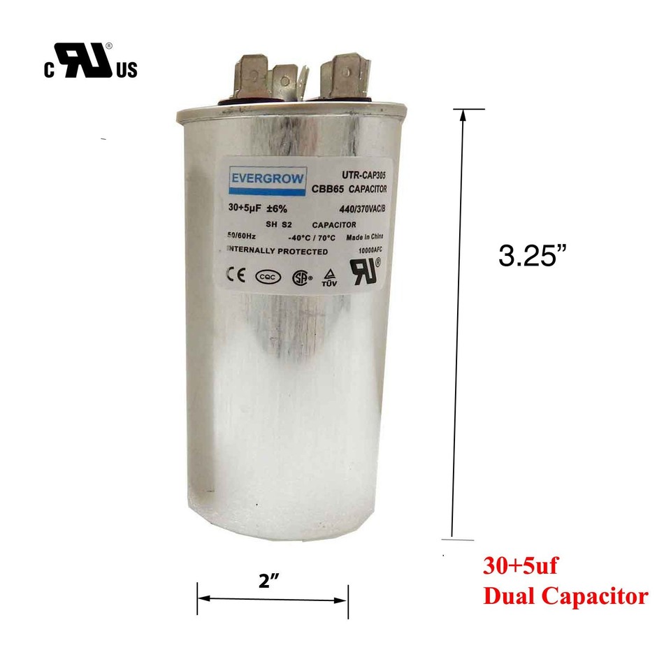 30/5 MFD Uf ±6% 370/440 VAC CBB65B Dual Run round Capacitor, UL Listed ...