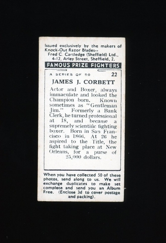 1938 Cartledge Razor Famous Prize Fighters 22 James Corbett EX-EXMINT ...