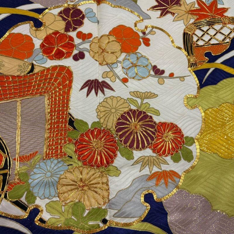 Japanese Furisode Silk Kimono M 162cm Bluish purple Snow wheel Imperial ...