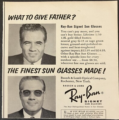1957 Ray-Ban Signet Sun Glasses Bausch & Lomb Rochester NY B&W Vintage ...