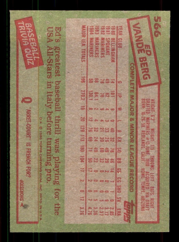 1985 Topps Baseball #566 Ed Vande Berg NM or Better *bb1 | eBay