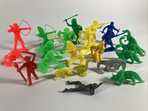 Vintage Tim Mee Lot of 23 Plastic Toy Cowboys Indians Pioneer Dinosaurs ...
