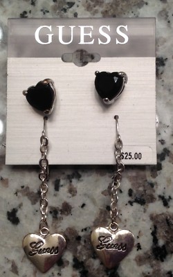 NIB, Guess Earrings set, black heart stud/logo dangle, rhinestones ...