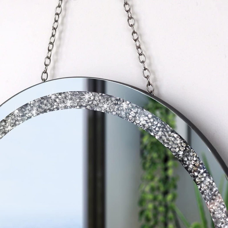 Frameless Round Wall Mirror Beveled Silver W/ Crystal Crush Diamonds ...