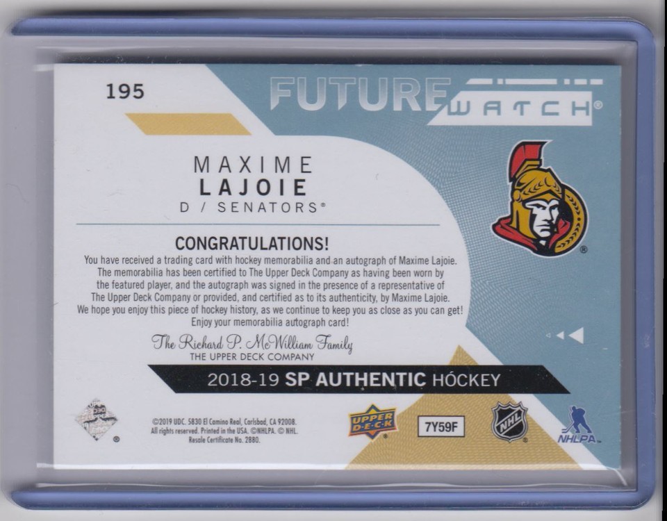 2018-19 SP Authentic Future Watch Patch Autograph Maxime Lajoie RC Auto ...