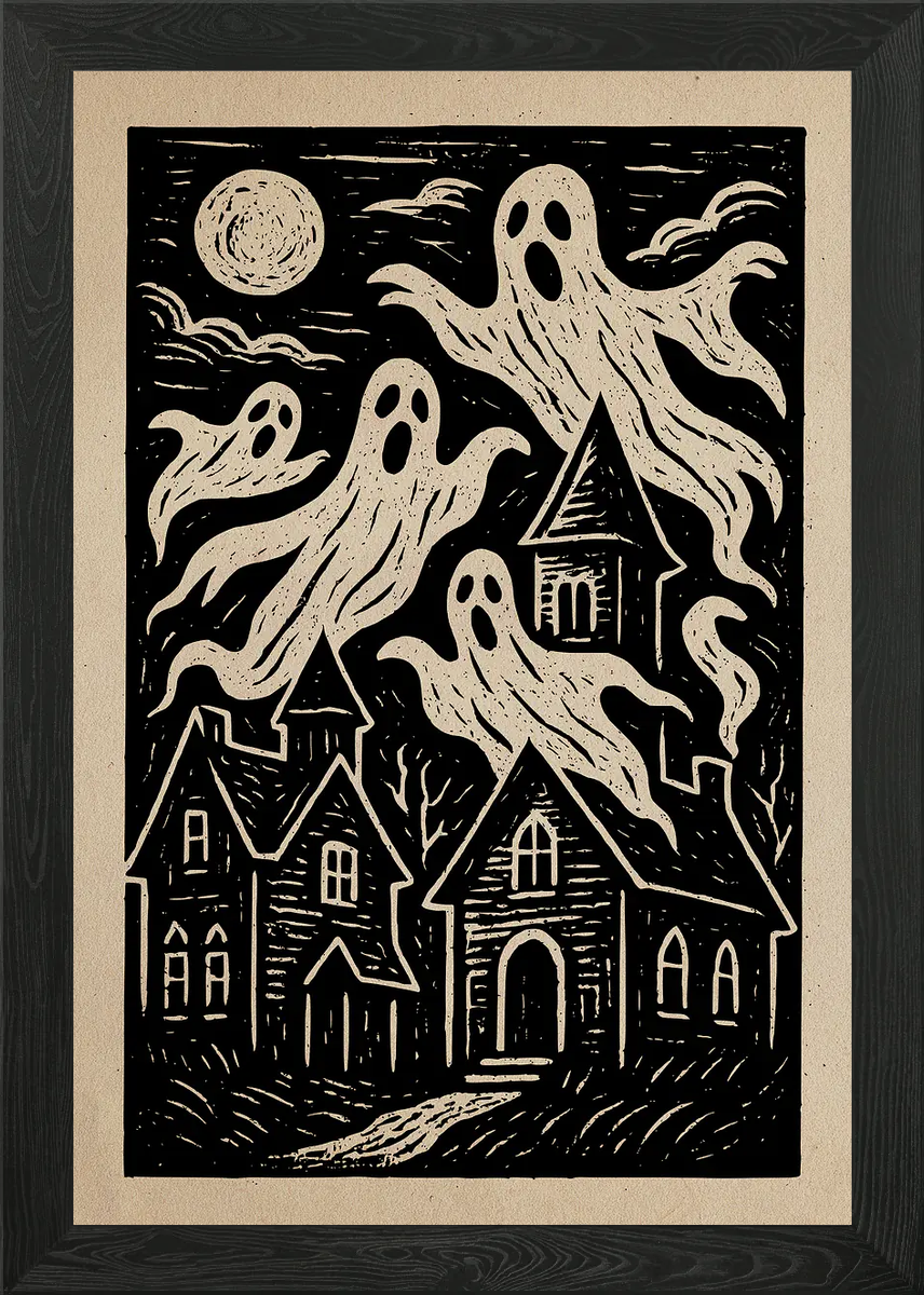 Haunted Houses and Ghosts Linocut A Framed Wall Art Poster Canvas Print ...