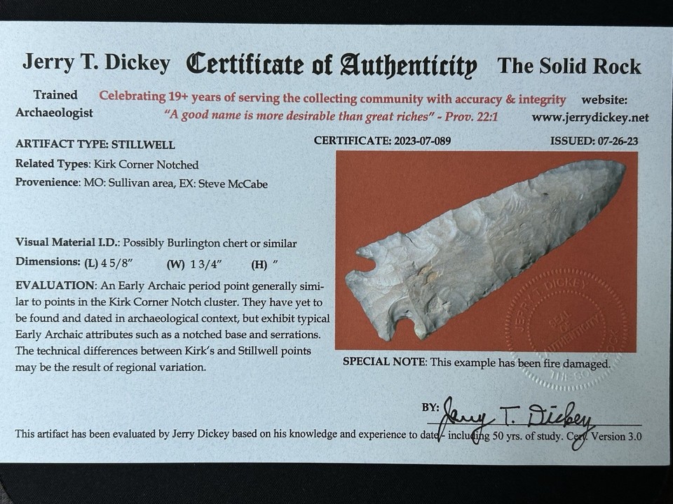 4-5/8in Kirk Corner Notched Sullivan MO EX Steve McCabe - JT Dickey COA ...