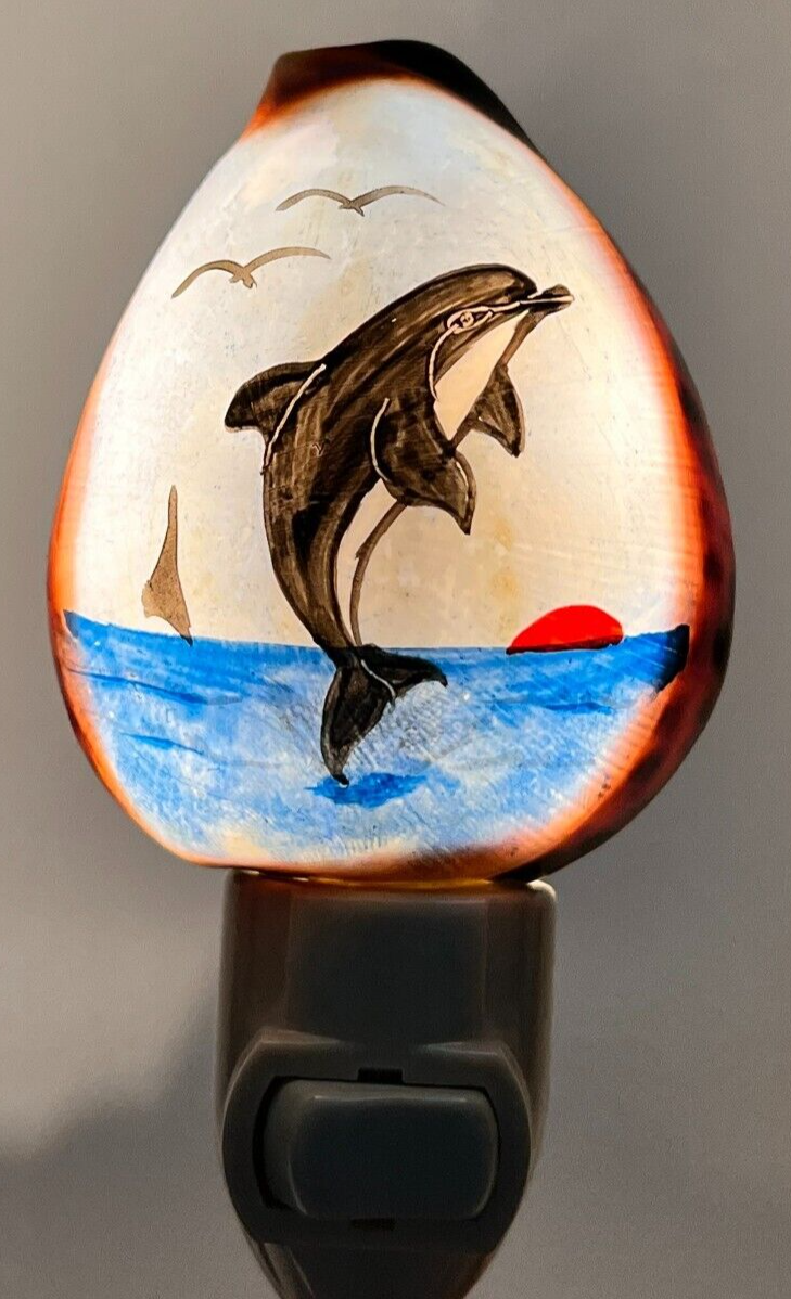 Vtg Natural Shell Carved Painted Cowrie Dolphin Night Light Gift ...