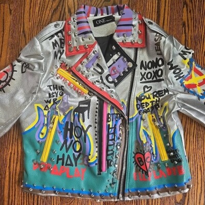 Silver Leather With Writing Jacket Womens | eBay