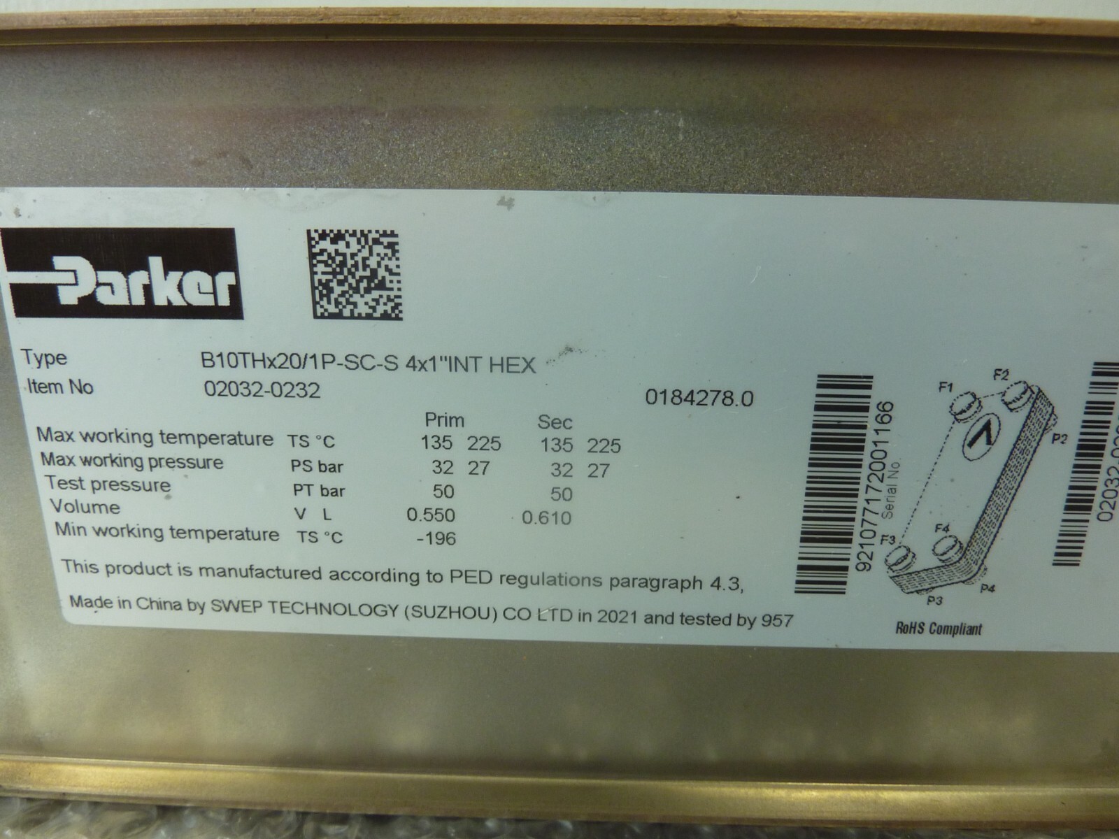 Parker PWO B10THx20/1P-SC-S 4x1 "INT HEX" Water Oil Cooler 2021 (23708 ...