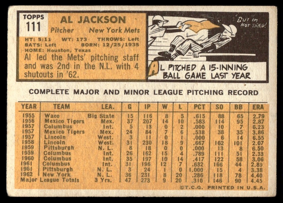 1963 Topps Baseball Card Al Jackson New York Mets #111 | eBay
