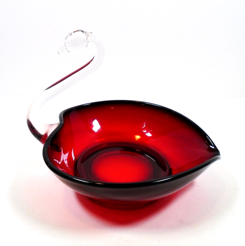 Vintage Art Glass Swan Bowl Ruby Red & Clear Decorative Home Decor ...