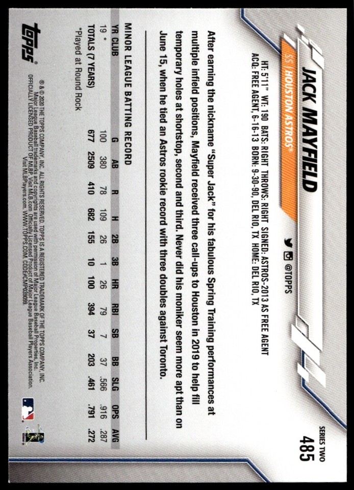 2020 Topps #485 Jack Mayfield NM/MT | eBay