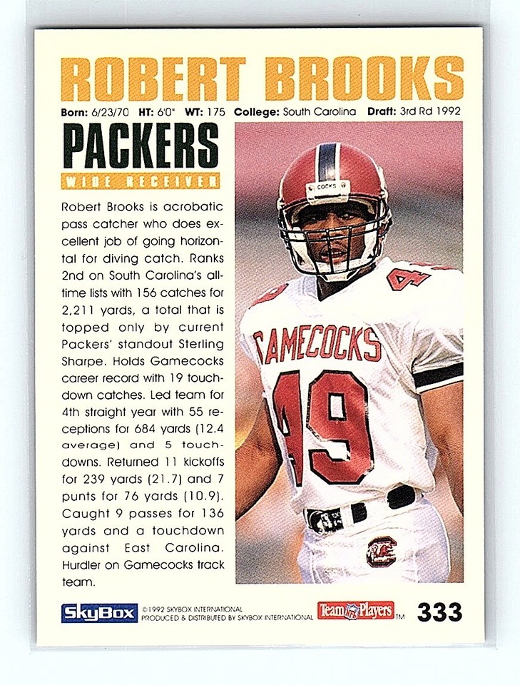 1992 Skybox Impact Rookie Robert Brooks Rookie Green Bay Packers #333 ...