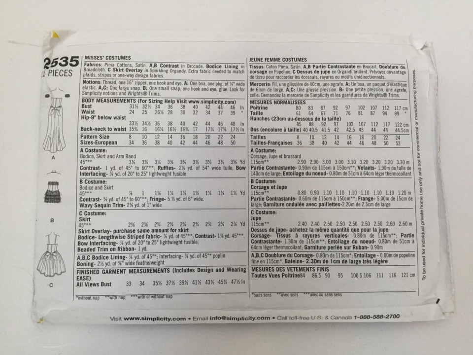 Simplicity 2535 Costume Saloon Burlesque Dancer Dress Cabaret 8-16 ...