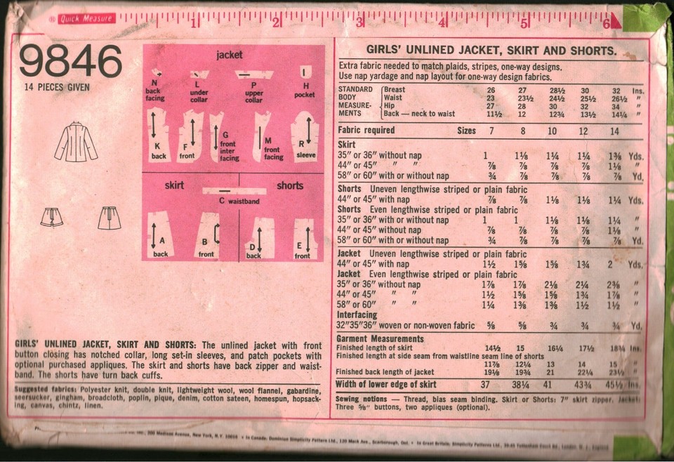 9846 Vintage Simplicity Sewing Pattern Girls Unlined Jacket Skirt ...