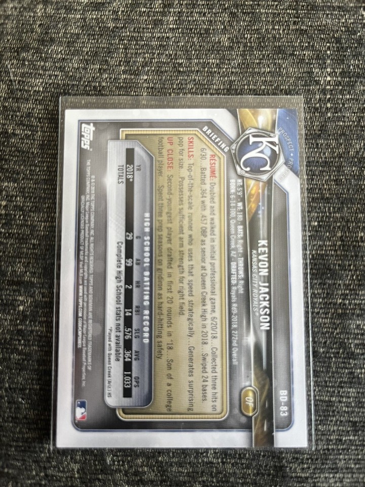 2018 Bowman Draft Kevon Jackson Sky Blue Paper Kansas City Royals 070/ ...