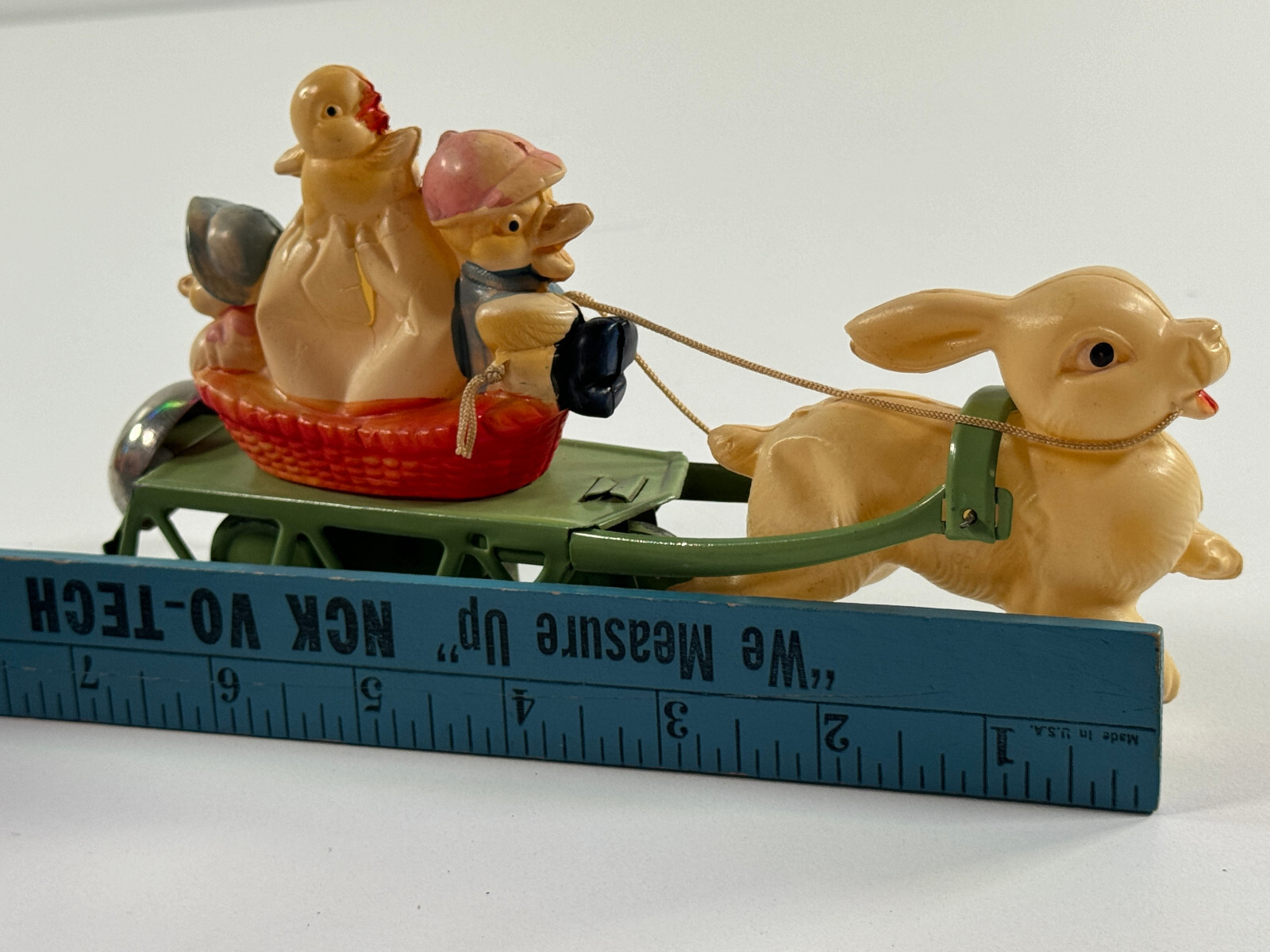 vtg Japan Easter Rabbit Celluloid press steel push bell toy sleigh w ...