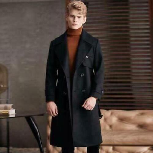 Mens British Long Wool Trench Coat Double Breasted Slim Business ...