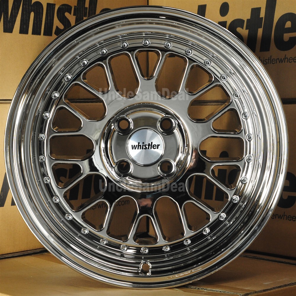 16x9 4x100 15 OFFSET WHISTLER SK1 PVD CHROME w/ RIVET MESH SPOKES 4 ...