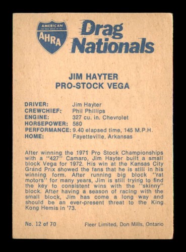 1972 Fleer AHRA Drag Nats Canadian #12 Jim Hayter EX+ X2641881 | eBay
