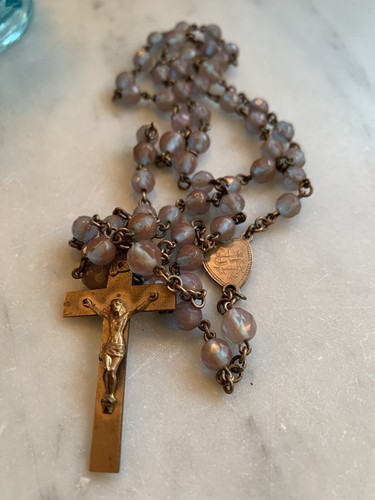 BEAUTIFUL OLD ANTIQUE SAPHIRET ROSARY GOLD FILLED? CRUCIFIX IHS HEART ...
