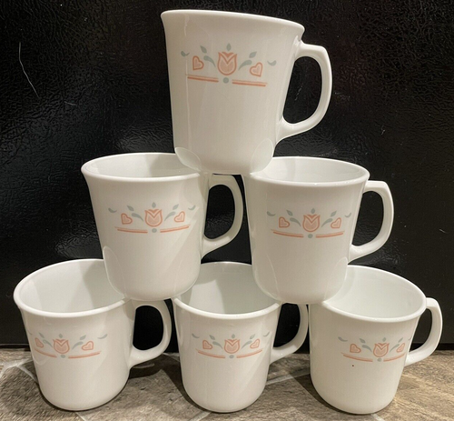 4+2 6 Corelle CUPS MUGS Dutch Lattice TULIPS White Gray Pink FLOWERS ...