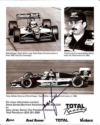1992 BOBBY RAHAL signed INDIANAPOLIS 500 PRESS KIT 8 by 10 B&W PHOTO ...