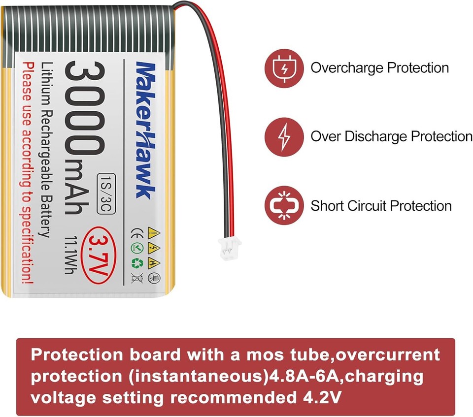 2x 3.7V 3000mAh LiPo Battery 1S 3C 103665 Micro JST 1.25 Plug for ...