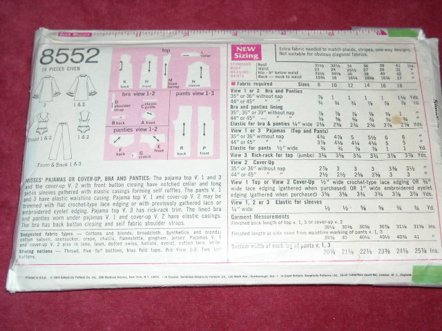 💐1969 SIMPLICITY #8552 - LADIES PAJAMAS-SHEER COVER UP-BRA & PANTIES ...