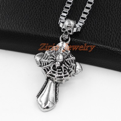 Men's Stainless Steel Spider Web Skull Pendant Chain Biker Necklace ...
