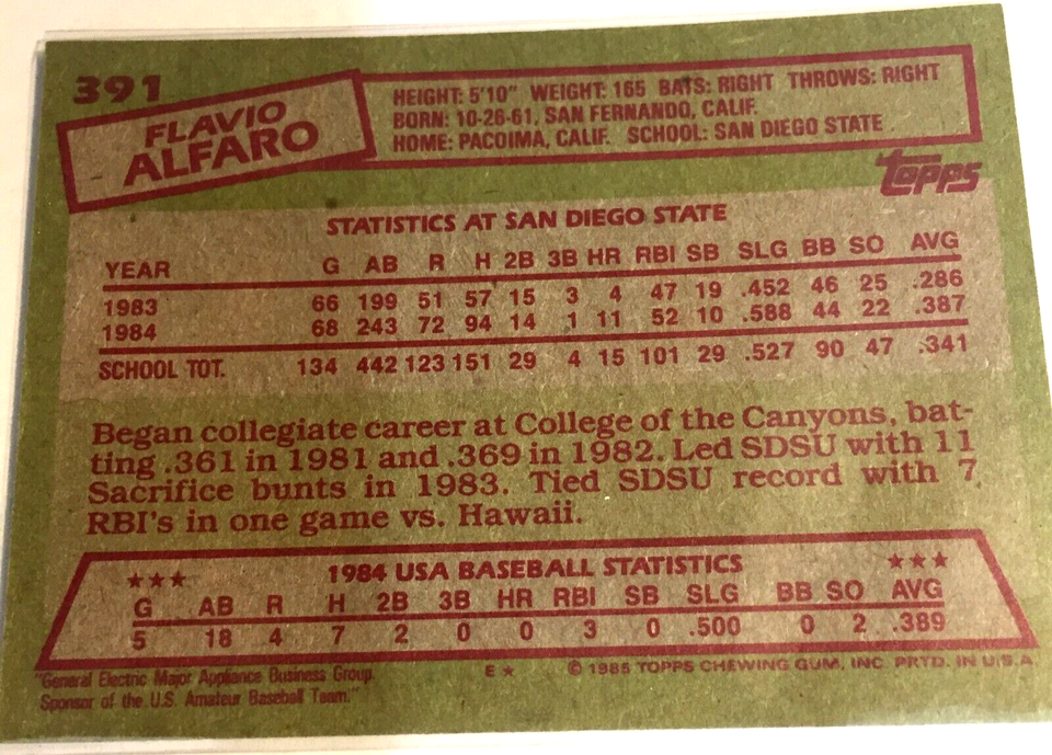 USA 1984 Baseball Team Flavio Alfaro #391 MLB Vintage Baseball Card | eBay