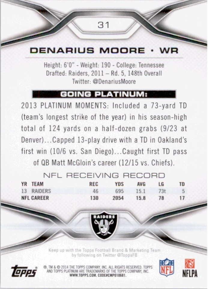 2014 Topps Platinum Football Card #31 Denarius Moore | eBay