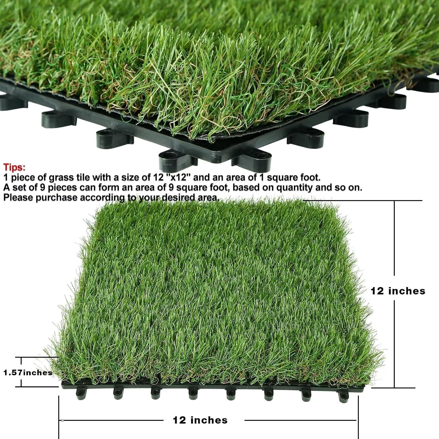 XLX TURF Green Artificial Grass Tiles Interlocking Turf Deck Set 9 Pack ...