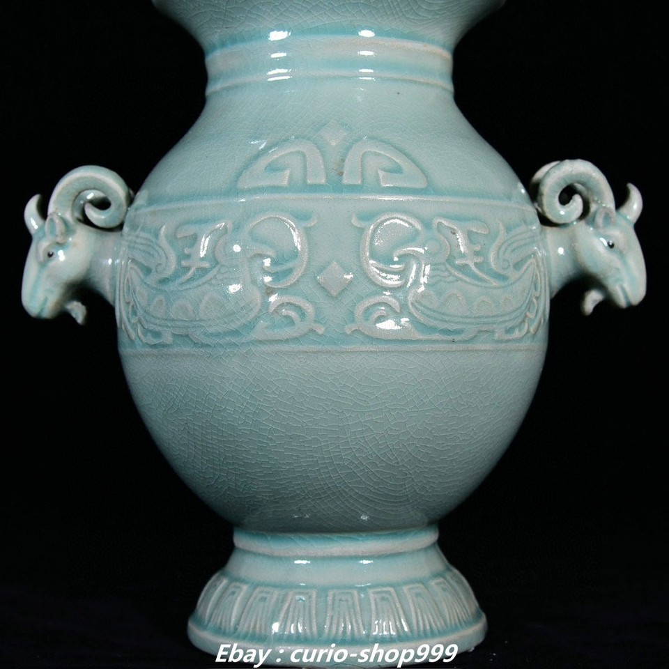 10.2" Song Dynasty Ru Kiln Porcelain Double Sheep Goat Head Zun Bottle ...