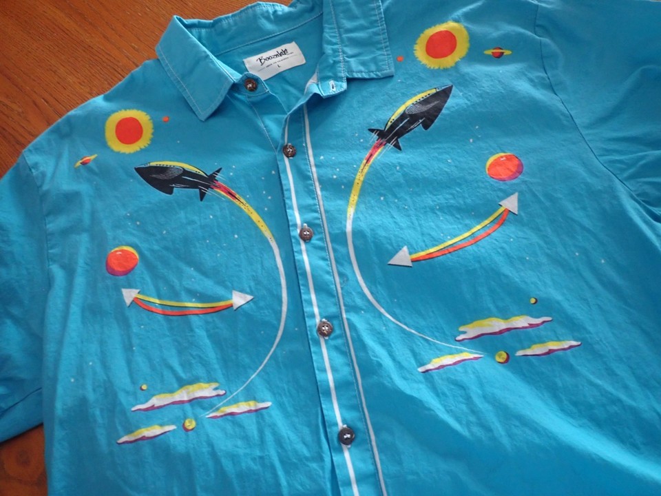Boozelele Button Shirt Men's L Lightweight Cotton Rocket Space Print | eBay