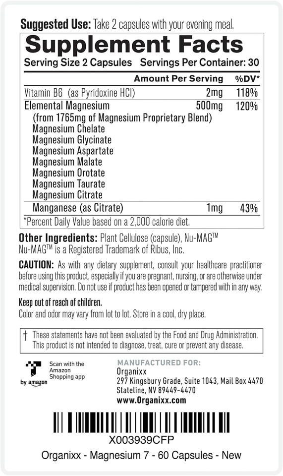 Organixx Magnesium 7 Supplement, Natural Magnesium Capsules for Sleep ...