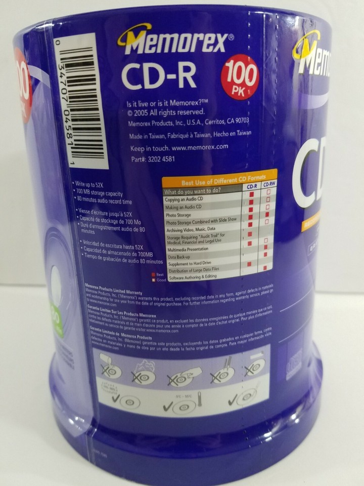 Memorex CD-R 100 Pack | 52X | 700MB | 80 Min Brand New Factory Sealed ...