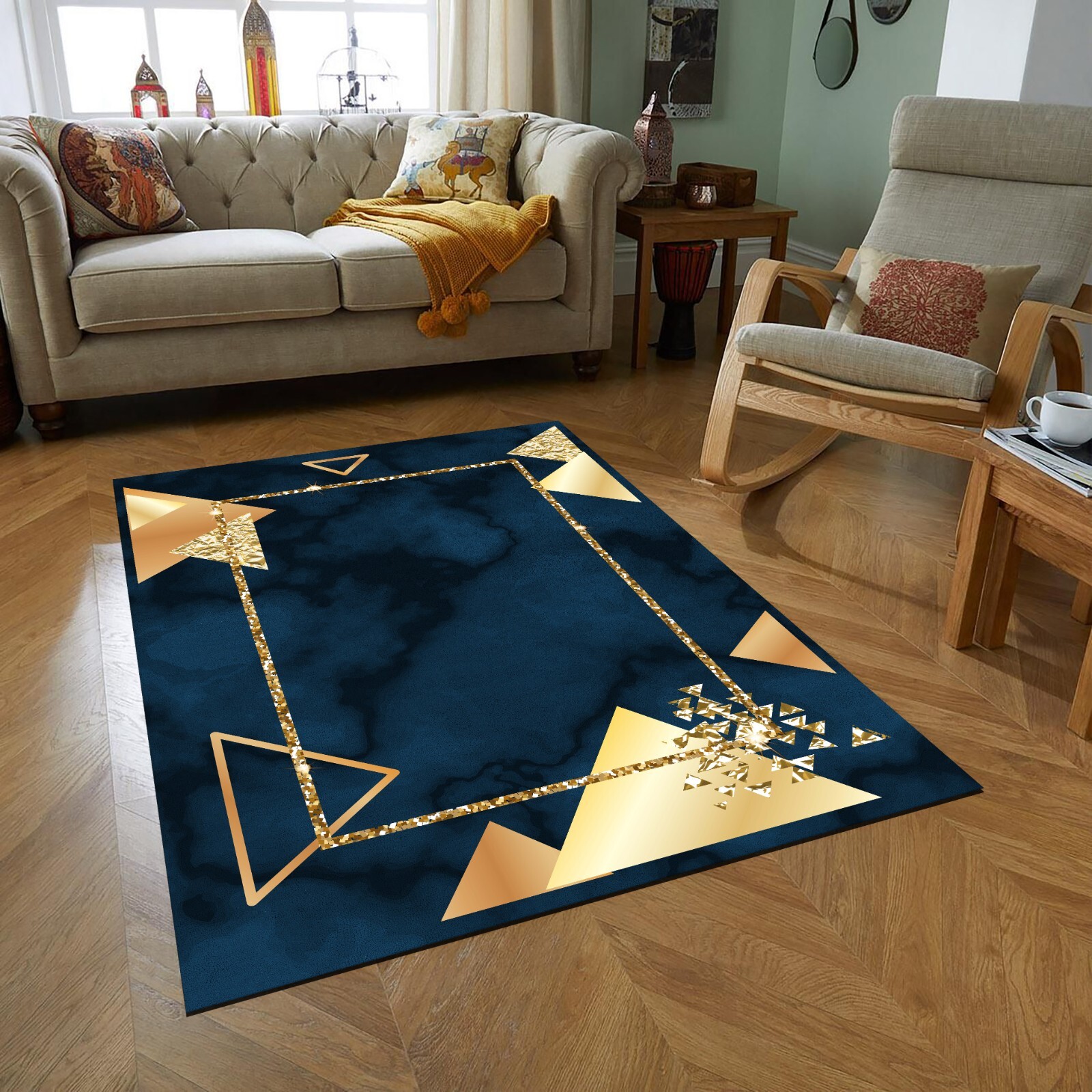 Blue and Gold Marble Texture Rug, Luxury Home Decor, Modern Rug ...