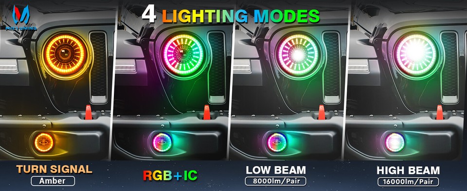 2pcs J1 RGB+IC 7″ LED Headlights with Fog Lights Assembly Multi-color ...