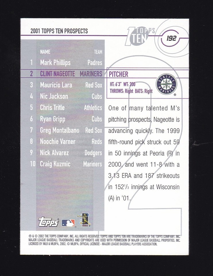 2002 Topps Ten Prospects Clint Nageotte Rookie #192 Seattle Mariners | eBay