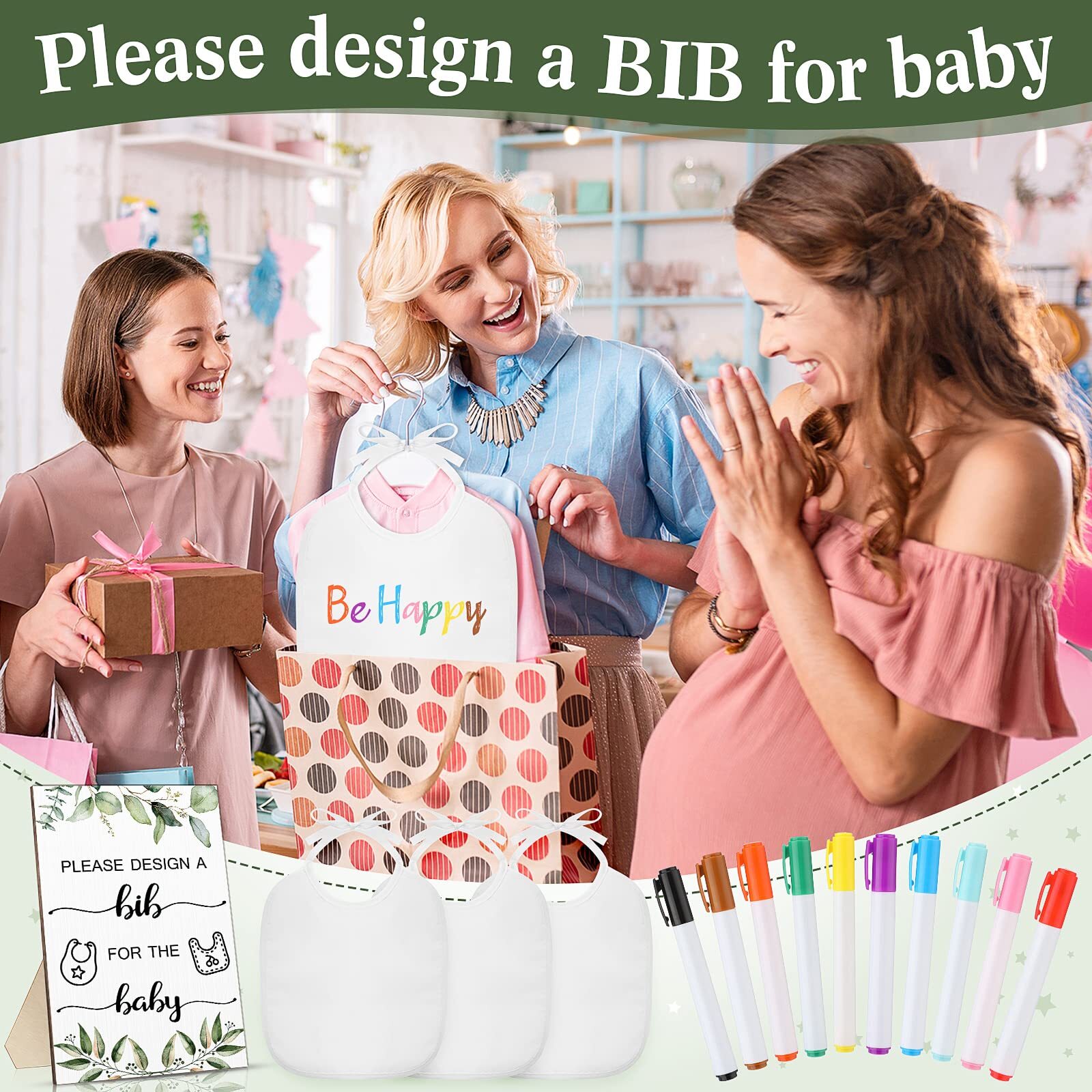 26 Pcs Baby Bibs and Game Set Baby Shower Game Sign 15 White Feeder ...